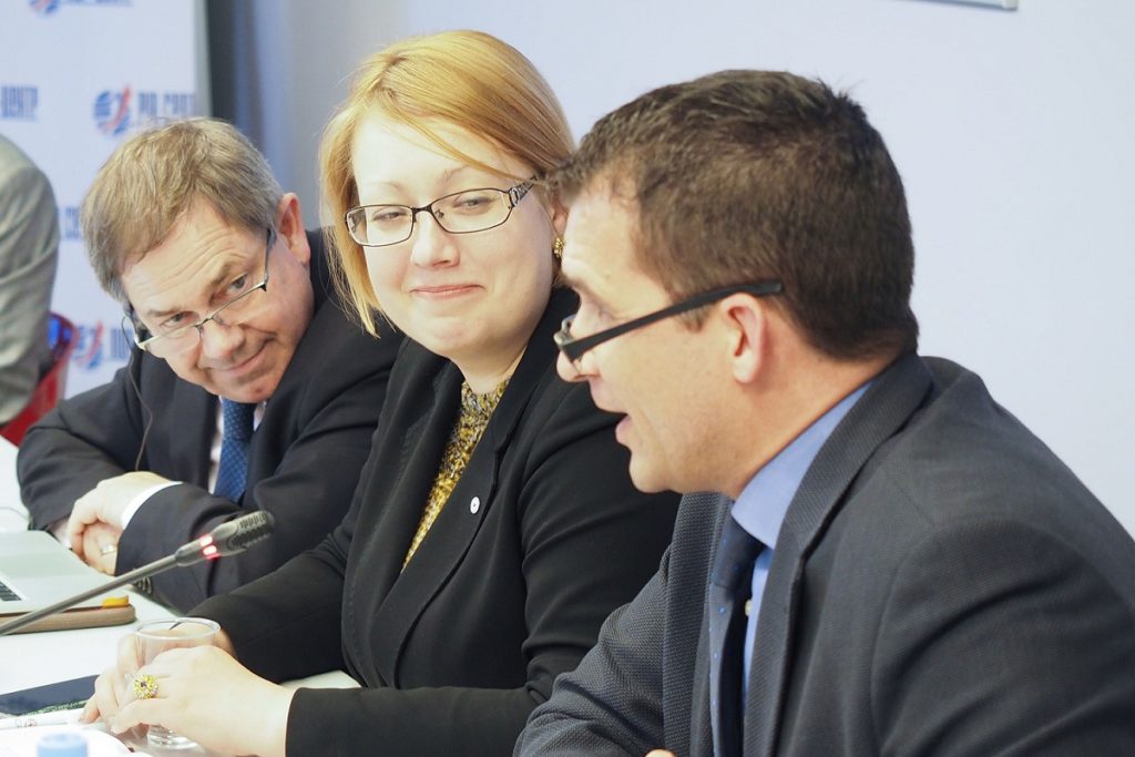 The ICRC's Anastasia Kushleyko with Xavier Philippe (left) and Nils ...